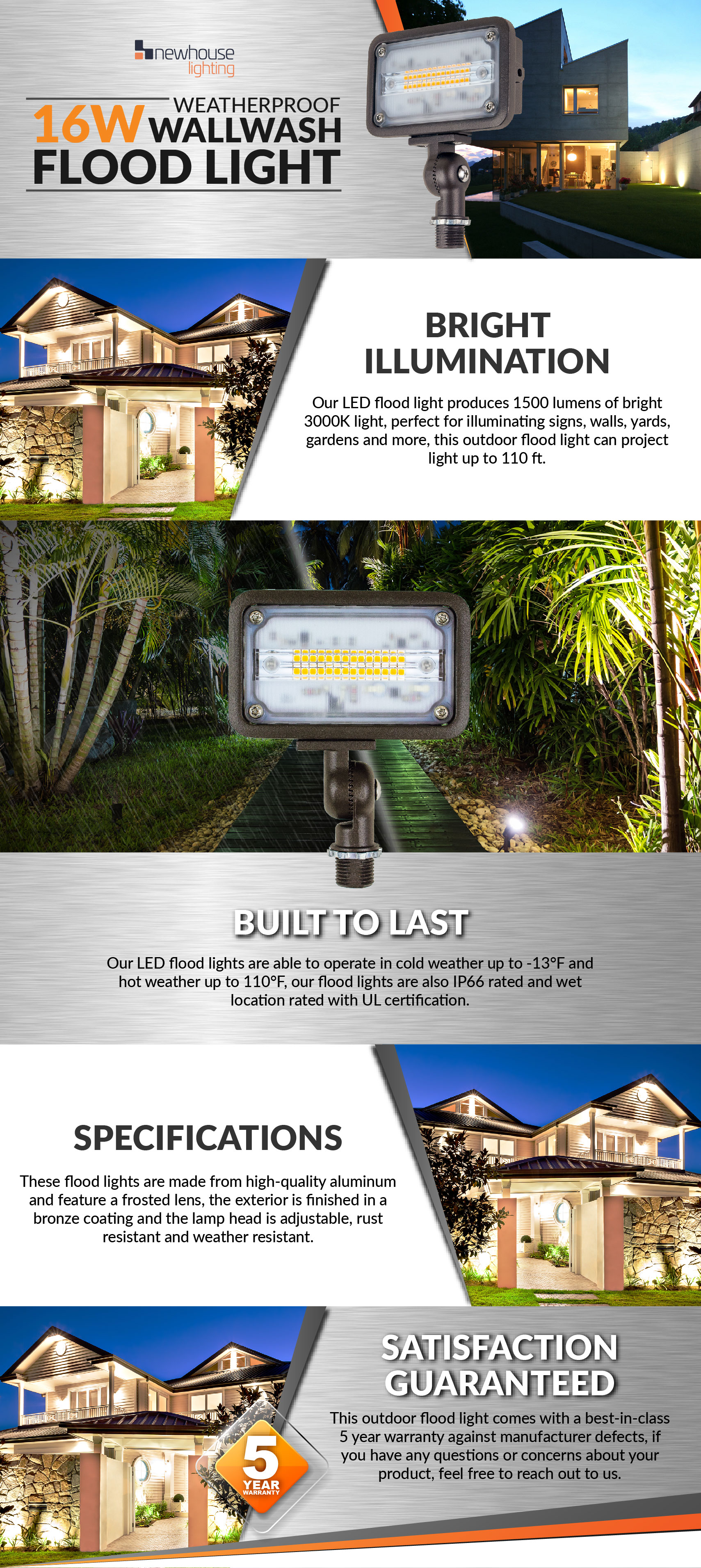 Newhouse Lighting 16W 1500-Lumen 120V Bronze Non-Dimmable Integrated Outdoor LED Weatherproof ...